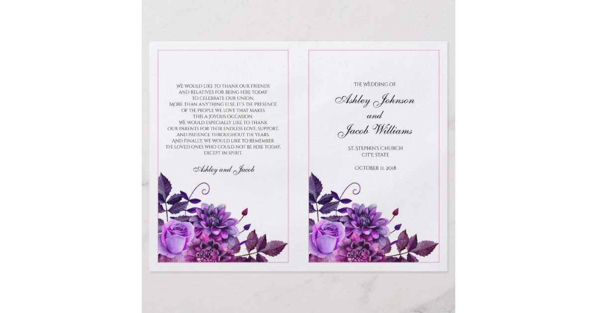 Purple wedding program folded. Church ceremony | Zazzle.com