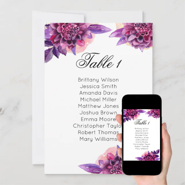 Purple wedding seating chart. Floral table plan Invitation | Zazzle