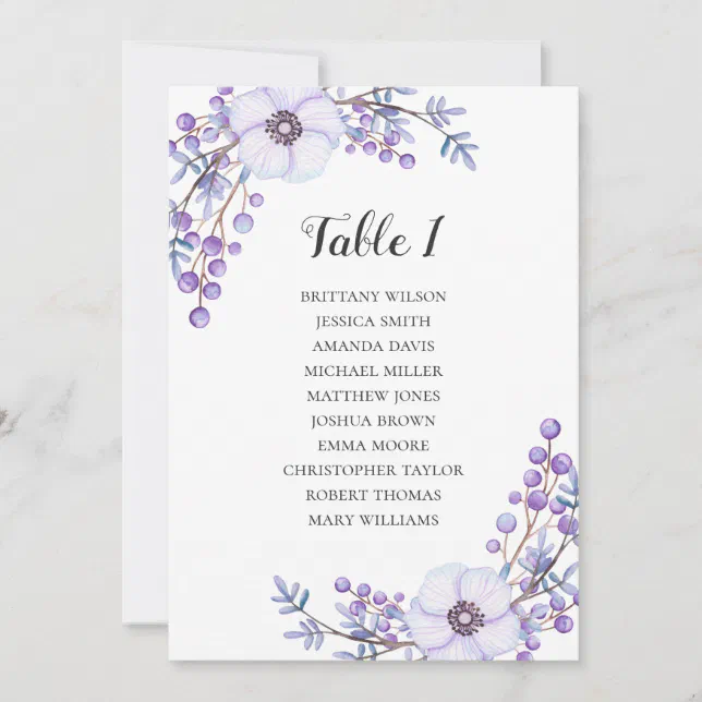Purple wedding seating chart. Flowers table plan Invitation | Zazzle