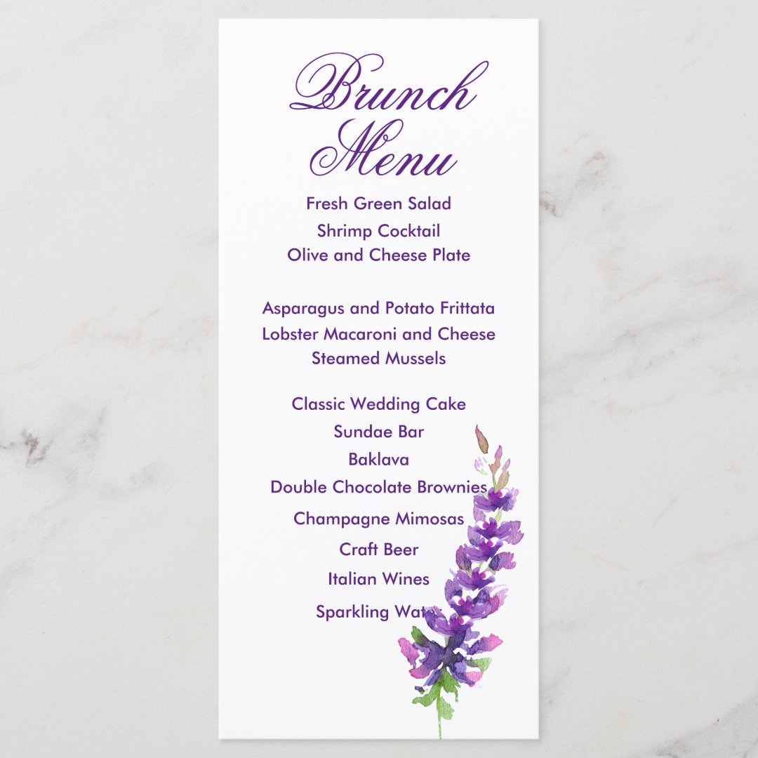 Purple Wedding Watercolor Lavender Menu Card | Zazzle