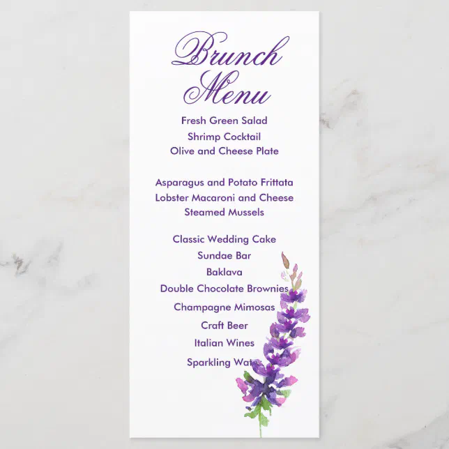 Purple Wedding Watercolor Lavender Menu Card | Zazzle
