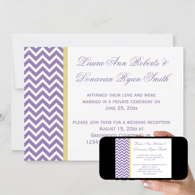 Purple White Chevron Yellow Ribbon Reception Only Invitation | Zazzle