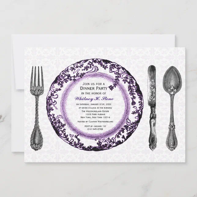 Purple White Fine Dining Dinner Party Invitation | Zazzle