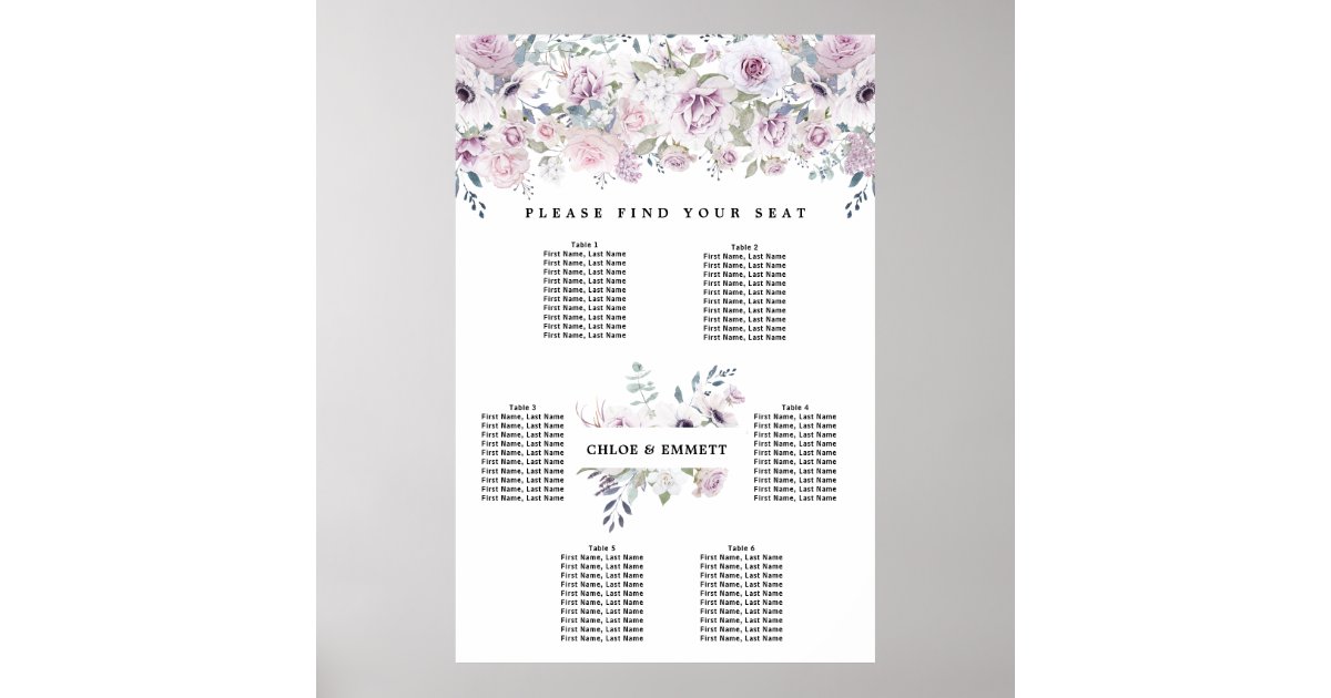Purple White Floral 6-Table Seating Chart | Zazzle
