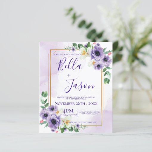 Purple White Floral Gold Frame Wedding Invitation | Zazzle