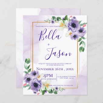 Purple White Floral Gold Frame Wedding Invitation | Zazzle