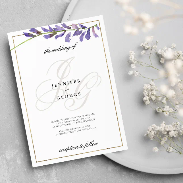 Purple white floral monogram initials wedding invitation | Zazzle