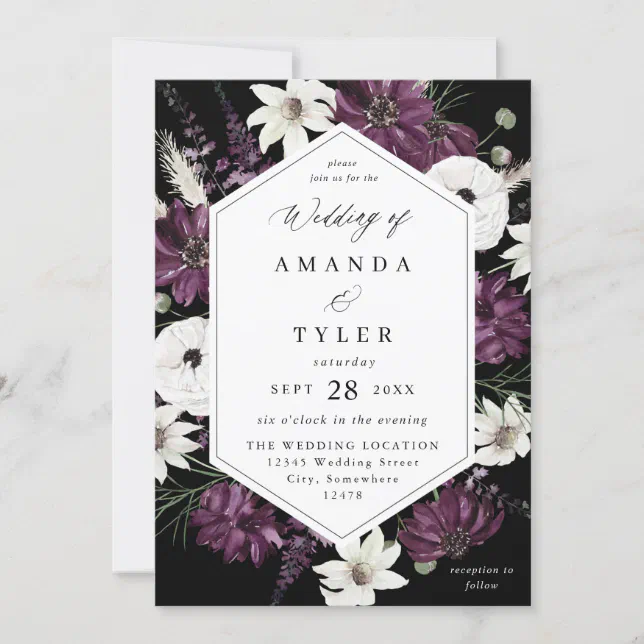 Purple & White Floral Wedding - Black V2 Invitation | Zazzle