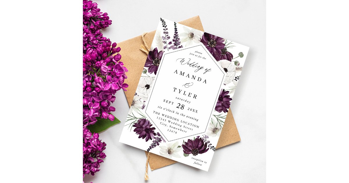 Purple & White Floral Wedding V2 Invitation | Zazzle