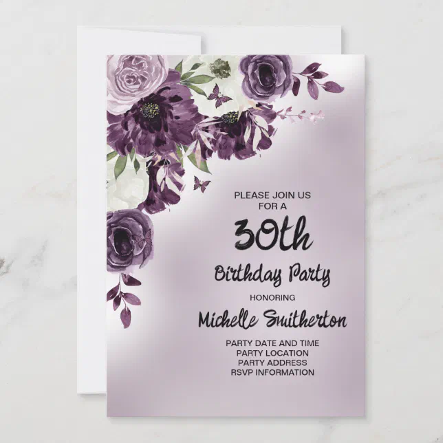 Purple White Flowers Butterflies Women's 30th Invi Invitation | Zazzle