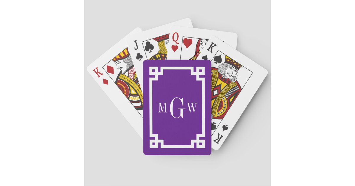 Purple White Greek Key #2 Framed 3 Init Monogram Playing Cards | Zazzle