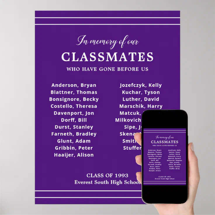 Purple White In Memory Of Class Reunion Memorial Poster | Zazzle