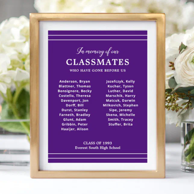 Purple White In Memory Of Class Reunion Memorial Poster | Zazzle