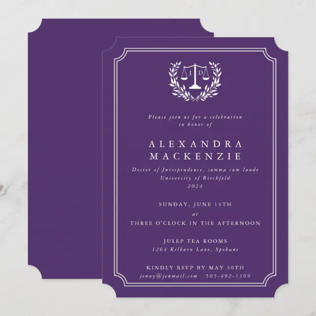 Purple/White JD Law Scales + Laurel Graduation Invitation | Zazzle