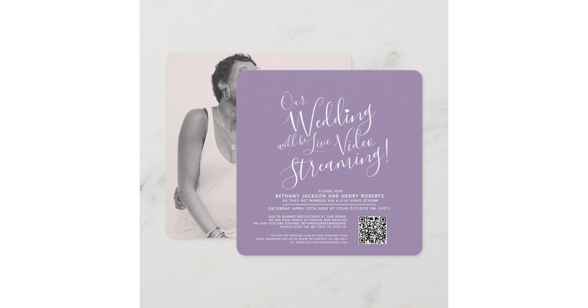 Purple white photo live streaming wedding invitation | Zazzle