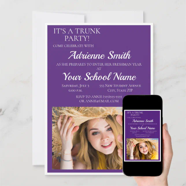 Purple White Trunk College Party Photo Invitation | Zazzle