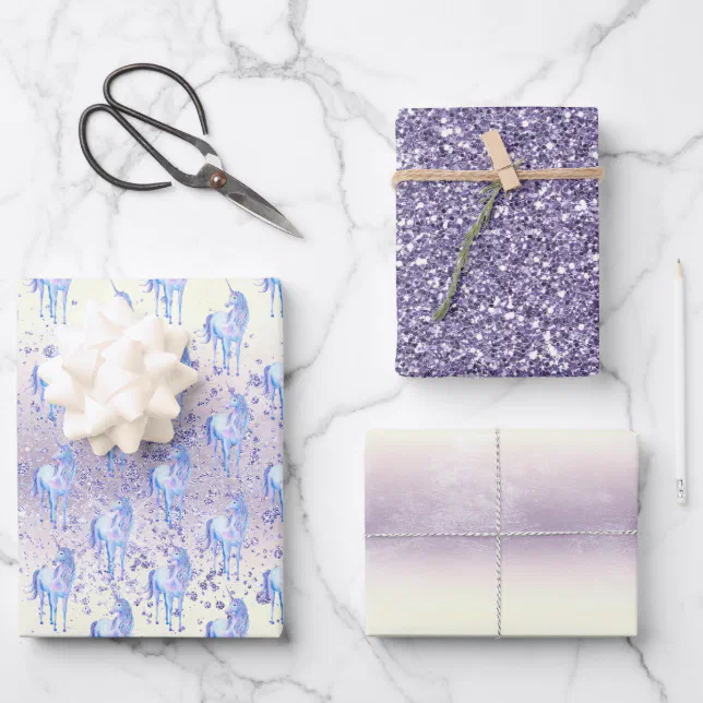 Purple White Unicorn Sparkle Glitter Dream Wrapping Paper Sheets | Zazzle