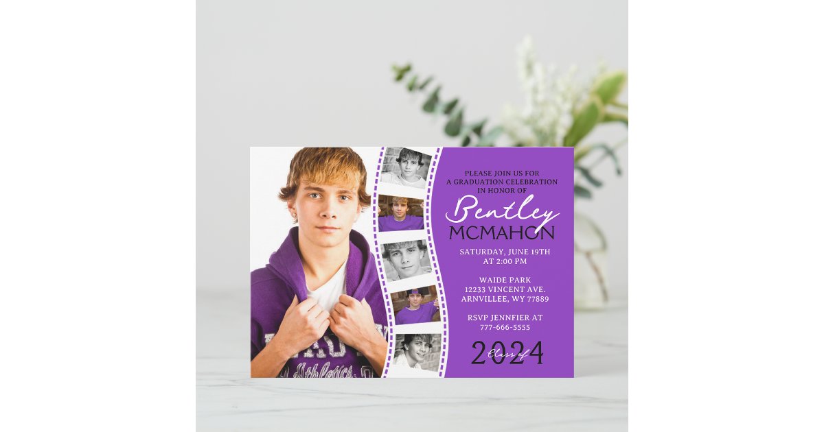 Purple & White Unique Filmstrip 6 Photo Graduation Invitation | Zazzle