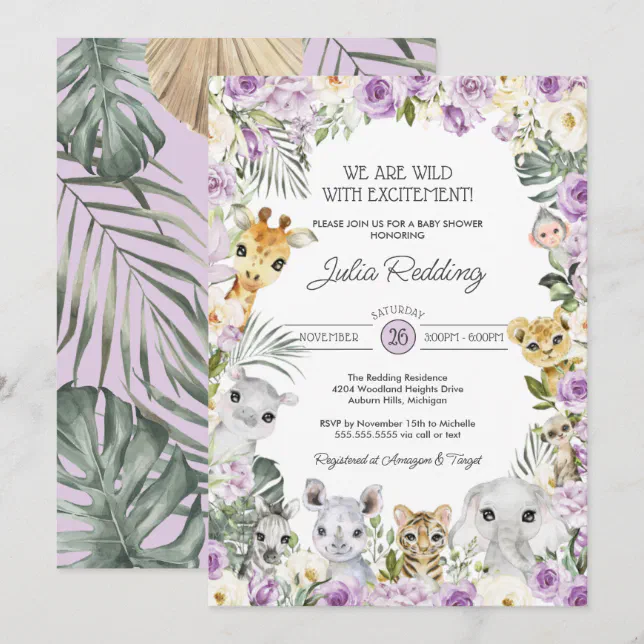 Purple Wild Jungle Safari Animals Baby Shower Invitation | Zazzle