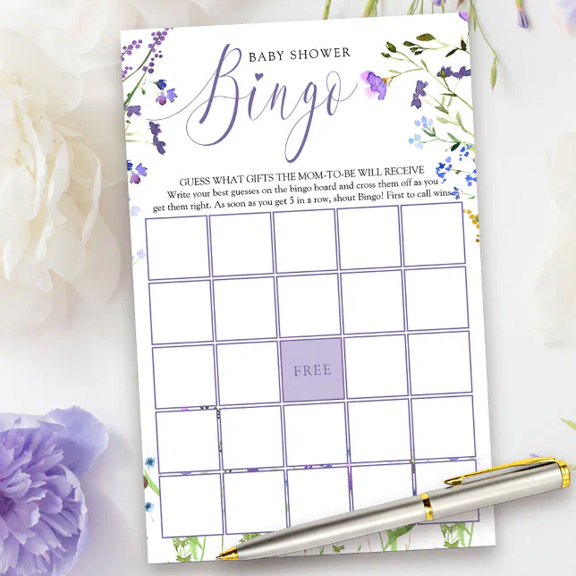 Purple Wildflower Baby Shower Bingo Game | Zazzle
