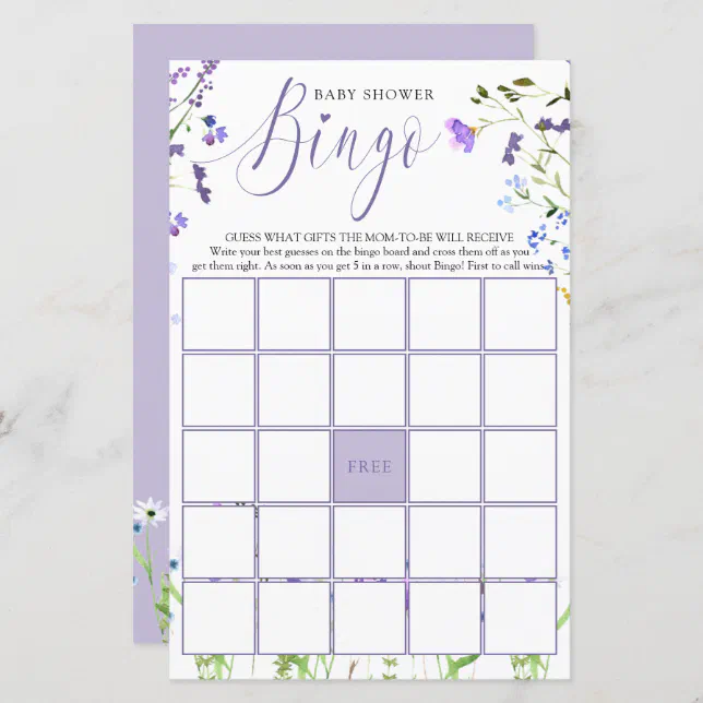 Purple Wildflower Baby Shower Bingo Game | Zazzle
