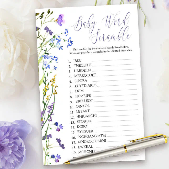 Purple Wildflower Baby Word Scramble Shower Game | Zazzle