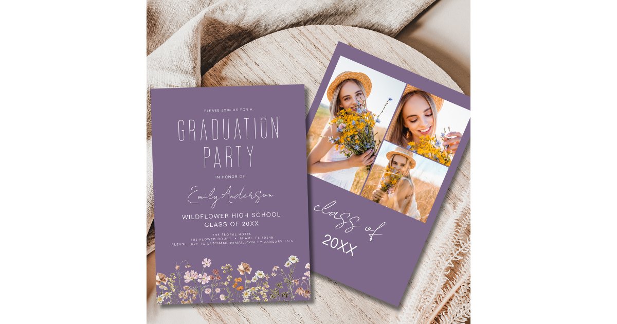 Purple Wildflower Graduation Party Photo Boho Invitation | Zazzle