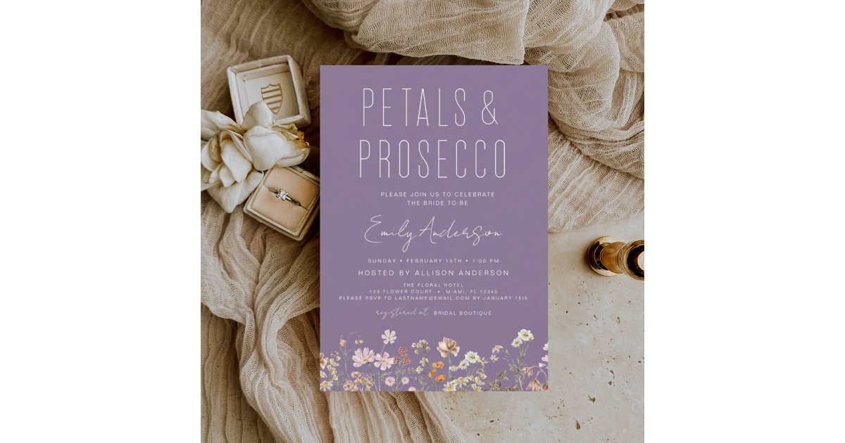 Purple Wildflower Petals & Prosecco Bridal Shower Invitation | Zazzle
