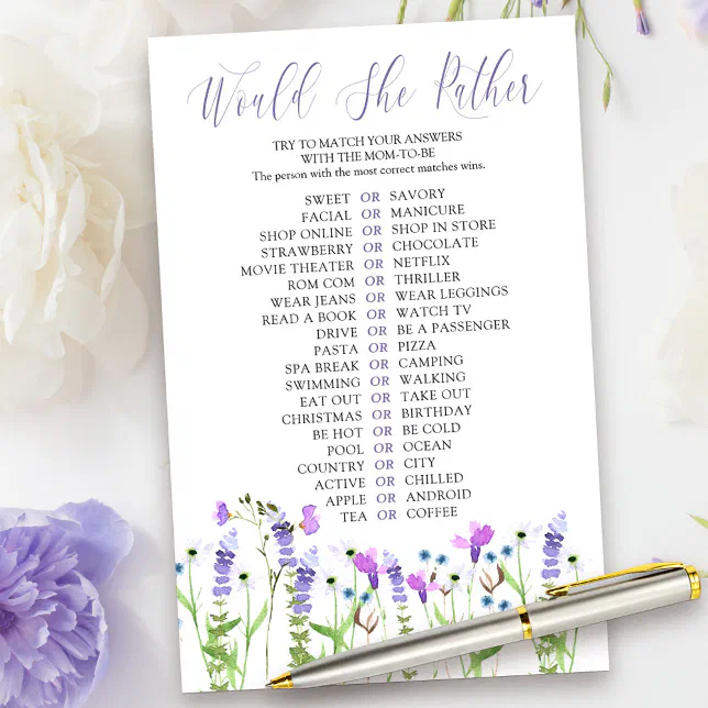 Purple Wildflower Would She Rather Shower Game | Zazzle