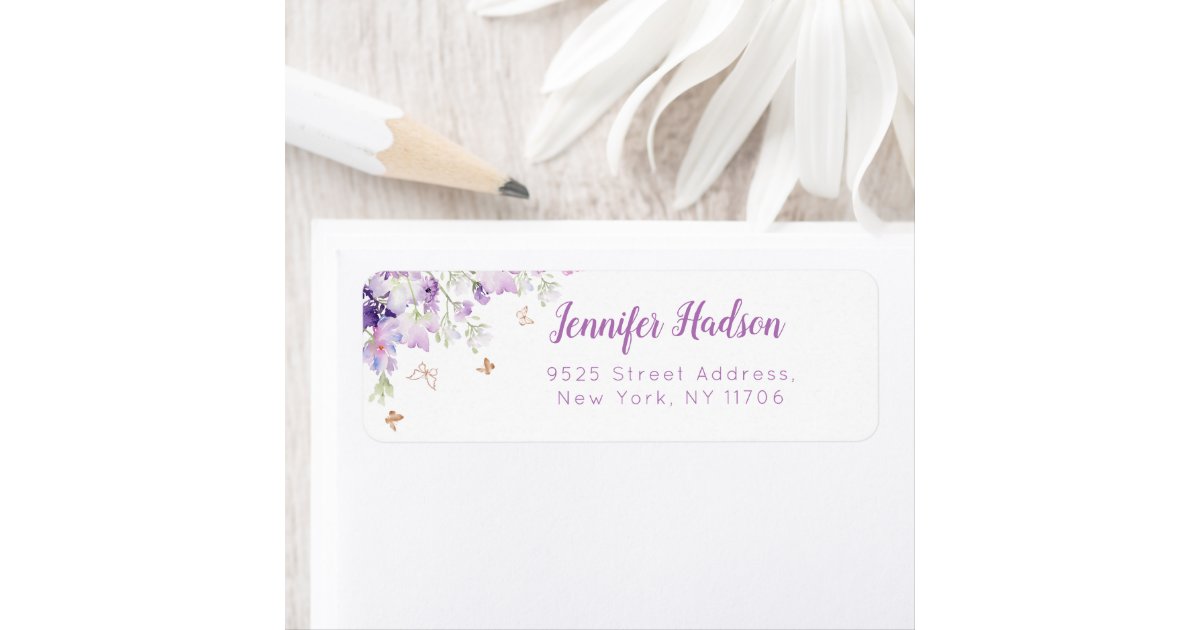 Purple wildflowers butterfly Return Address Label | Zazzle