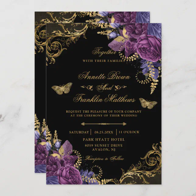 Purple Wine Floral Antique Ornate Gold Wedding Invitation | Zazzle