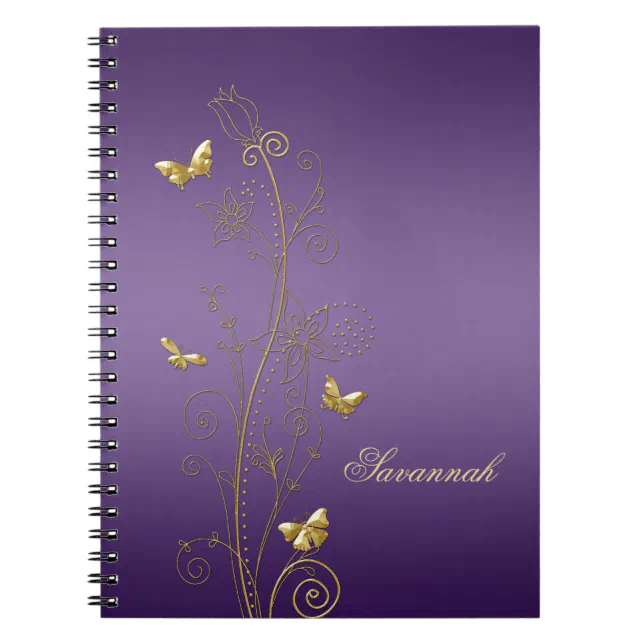 Purple With Gold Floral Butterflies Notebooks | Zazzle