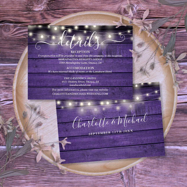 Purple Wood String Lights Script Wedding Details Enclosure Card | Zazzle