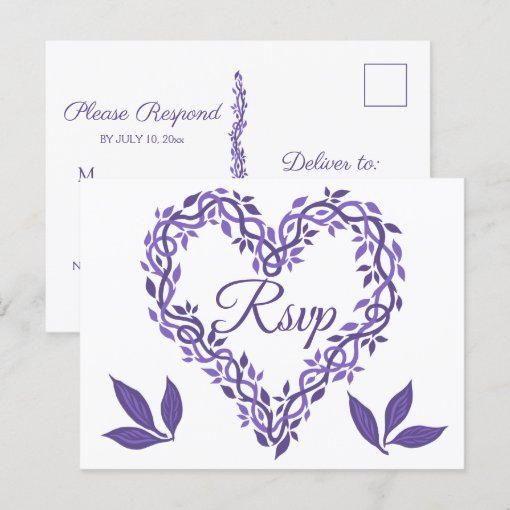 Purple Woodsy Wedding Ultra Violet RSVP Heart Invitation Postcard | Zazzle