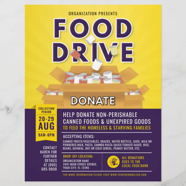 Purple Yellow Canned Food Drive Fundraiser Flyer | Zazzle