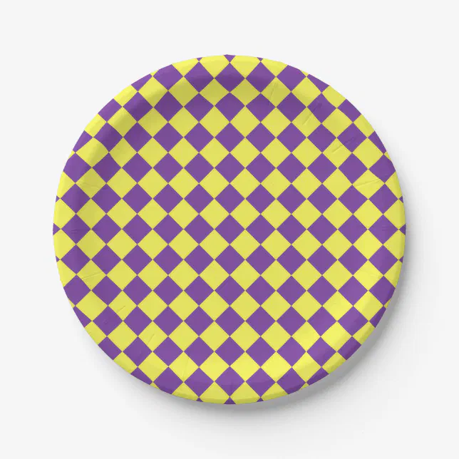 Purple Yellow Checker Diamond Pattern Paper Plates | Zazzle