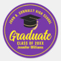 Purple Yellow Graduate Custom Graduation Party Classic Round Sticker ...