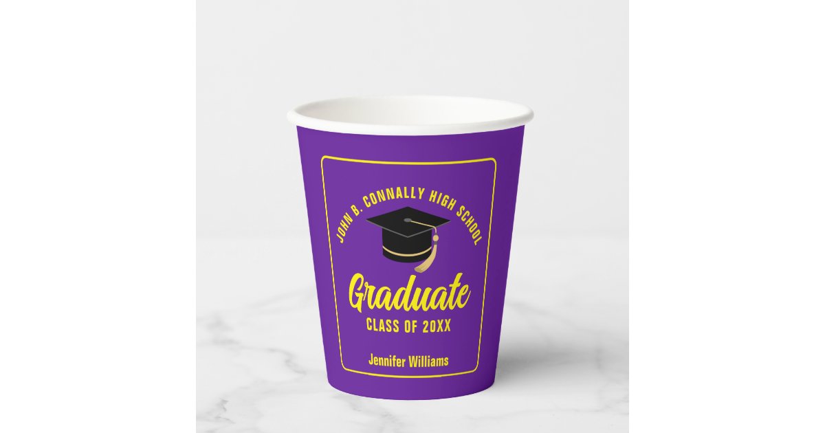 Purple Yellow Graduate Custom Graduation Party Paper Cups | Zazzle