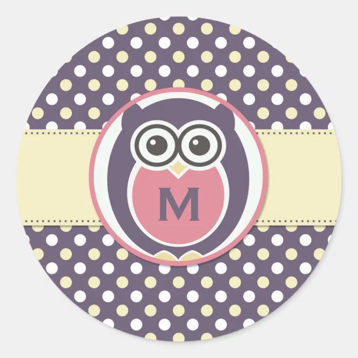 Purple Yellow Night Owl Cartoon Monogram Stickers | Zazzle