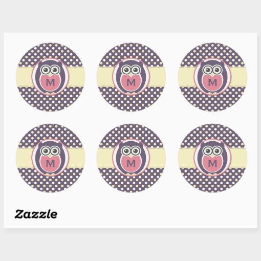 Purple Yellow Night Owl Cartoon Monogram Stickers | Zazzle
