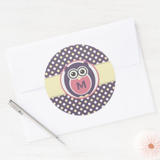 Purple Yellow Night Owl Cartoon Monogram Stickers | Zazzle
