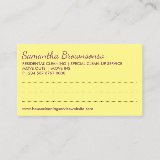 Purple Yellow Note Side Janitorial Lady Cleaning Business Card | Zazzle