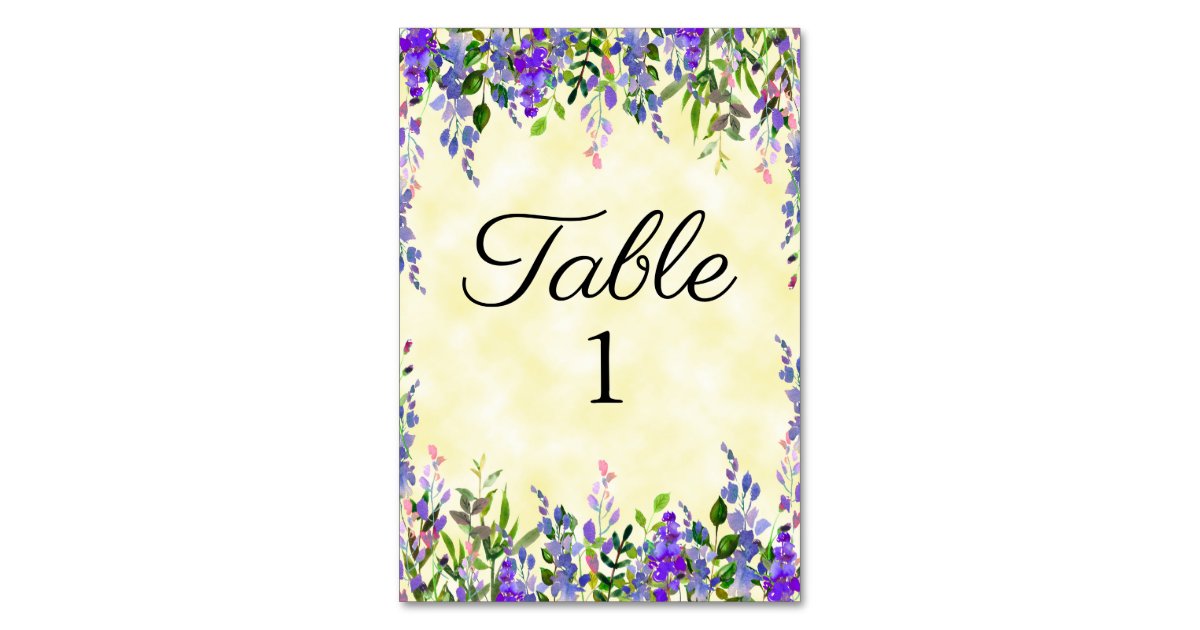 Purple Yellow Watercolor Floral Wedding Table Number | Zazzle