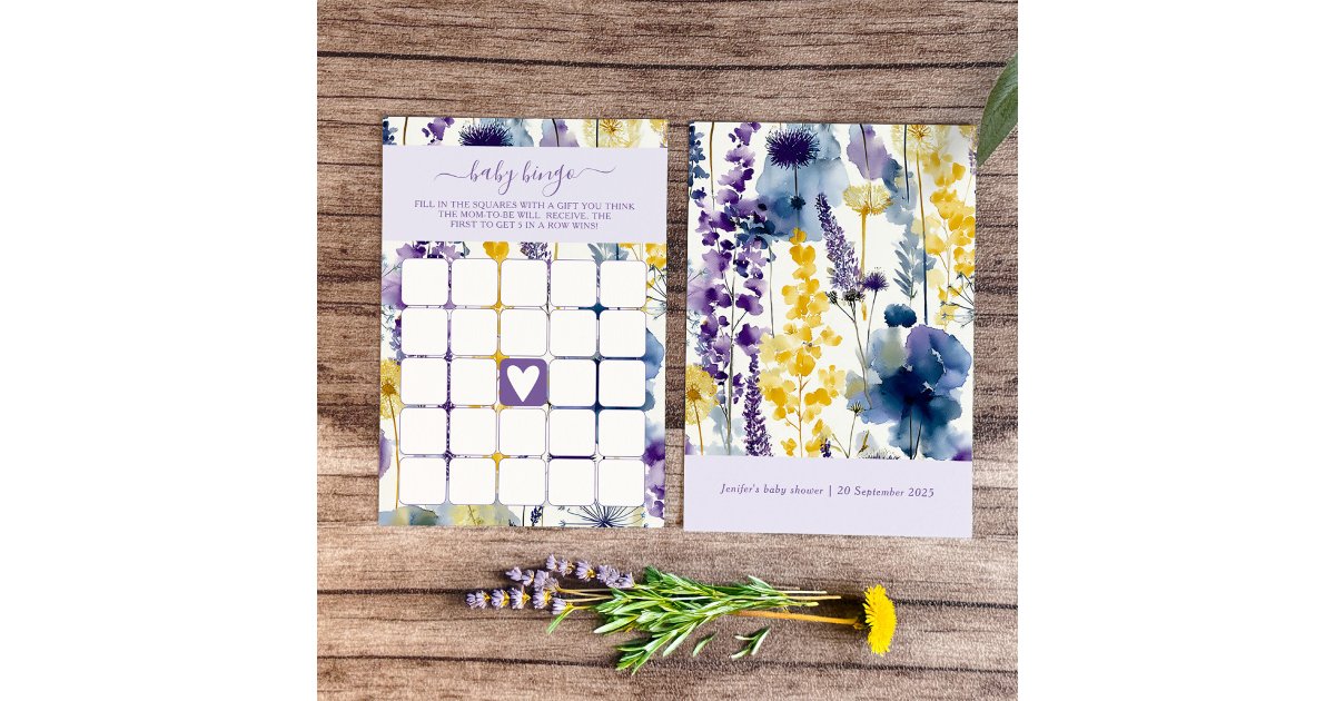 Purple Yellow Watercolor Wildflower Baby Bingo Invitation | Zazzle