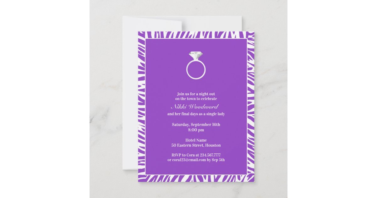 Purple Zebra Bachelorette Party Flat Invitation | Zazzle