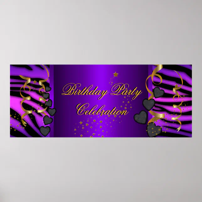 Purple Zebra Banner Birthday Party Celebration Poster | Zazzle