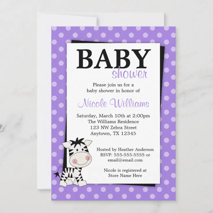 Purple Zebra Polka Dot Baby Shower Invitations | Zazzle
