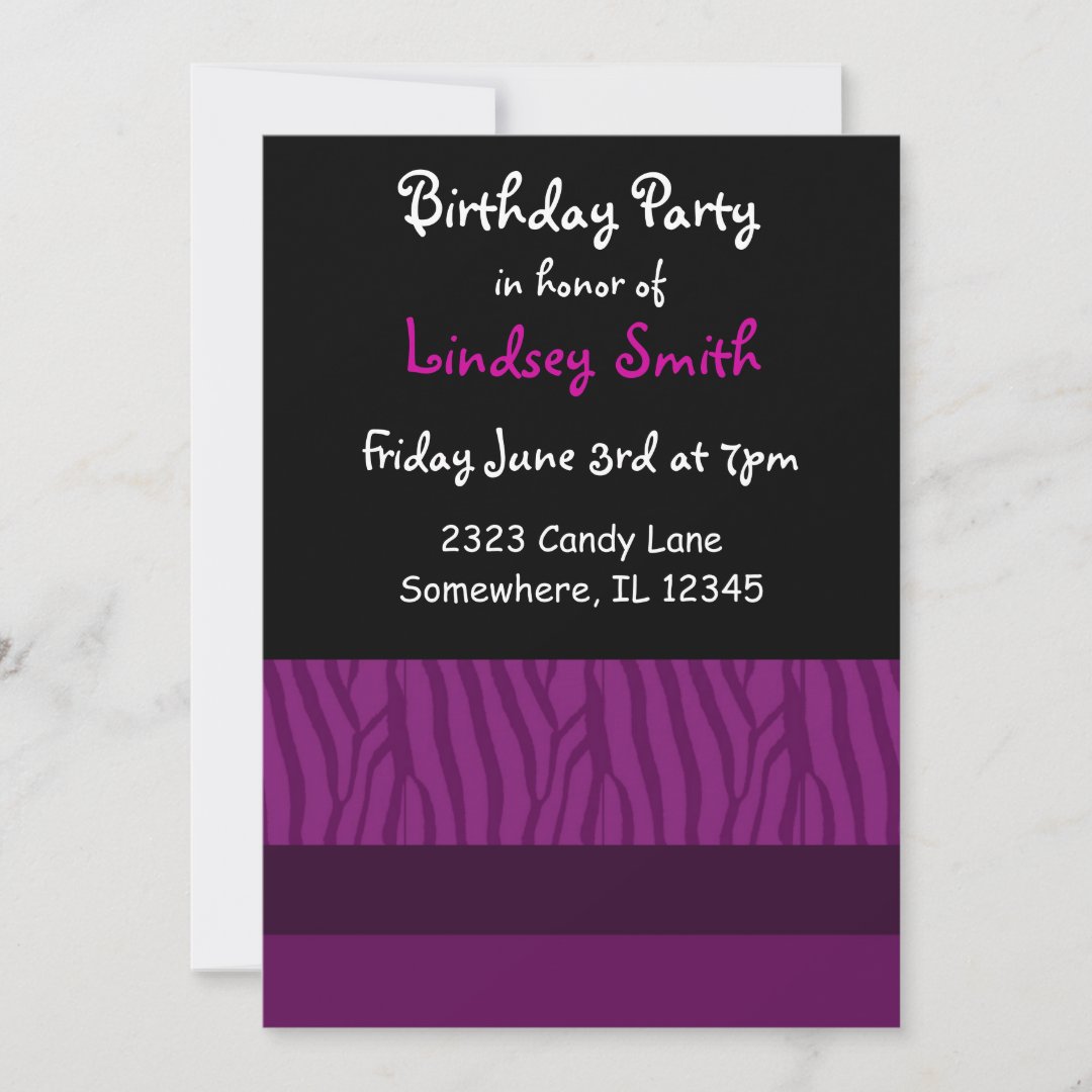 Purple Zebra Print Birthday Invitation | Zazzle