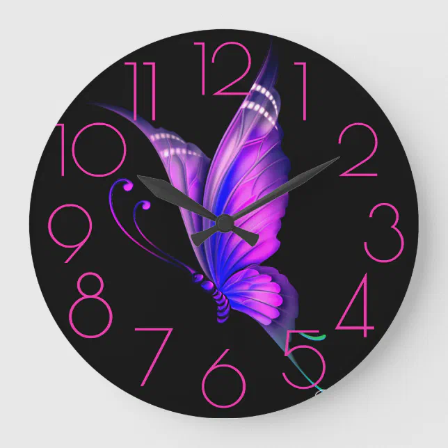 Purples, Pinks Butterfly on a Black Large Clock | Zazzle