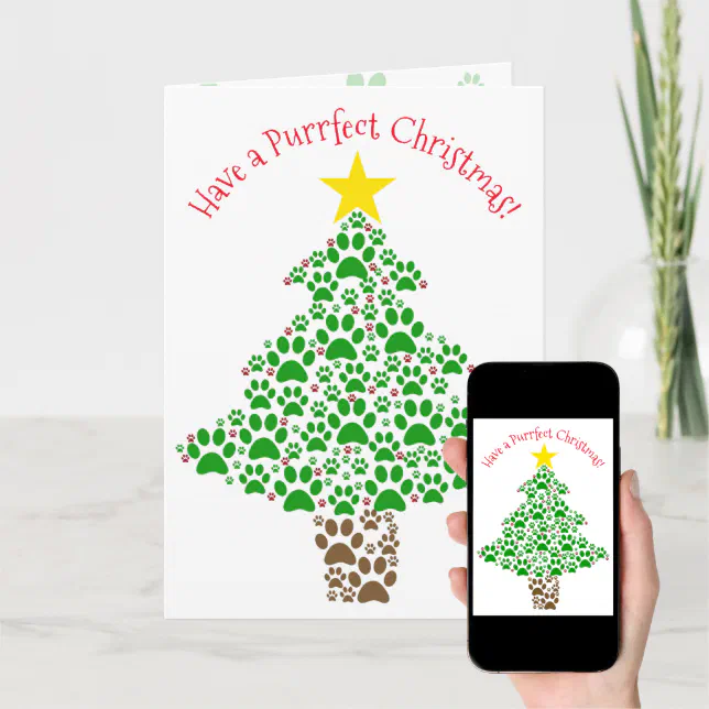 Purr-fect Christmas Fun Paw Print Tree Cat Lover Holiday Card | Zazzle